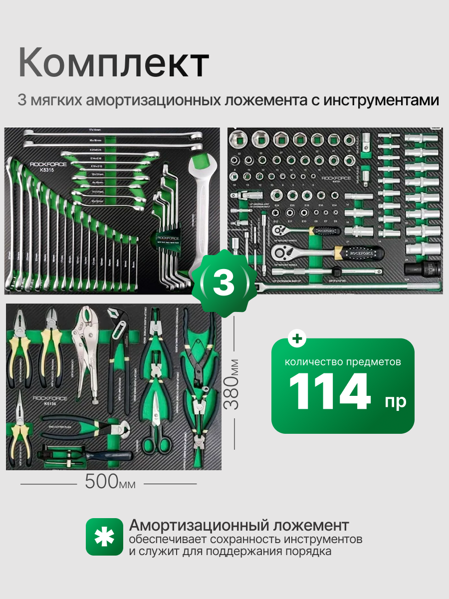 Комплект профессионального инструмента Rock Force в мягких ложементах для инструментальной тележки