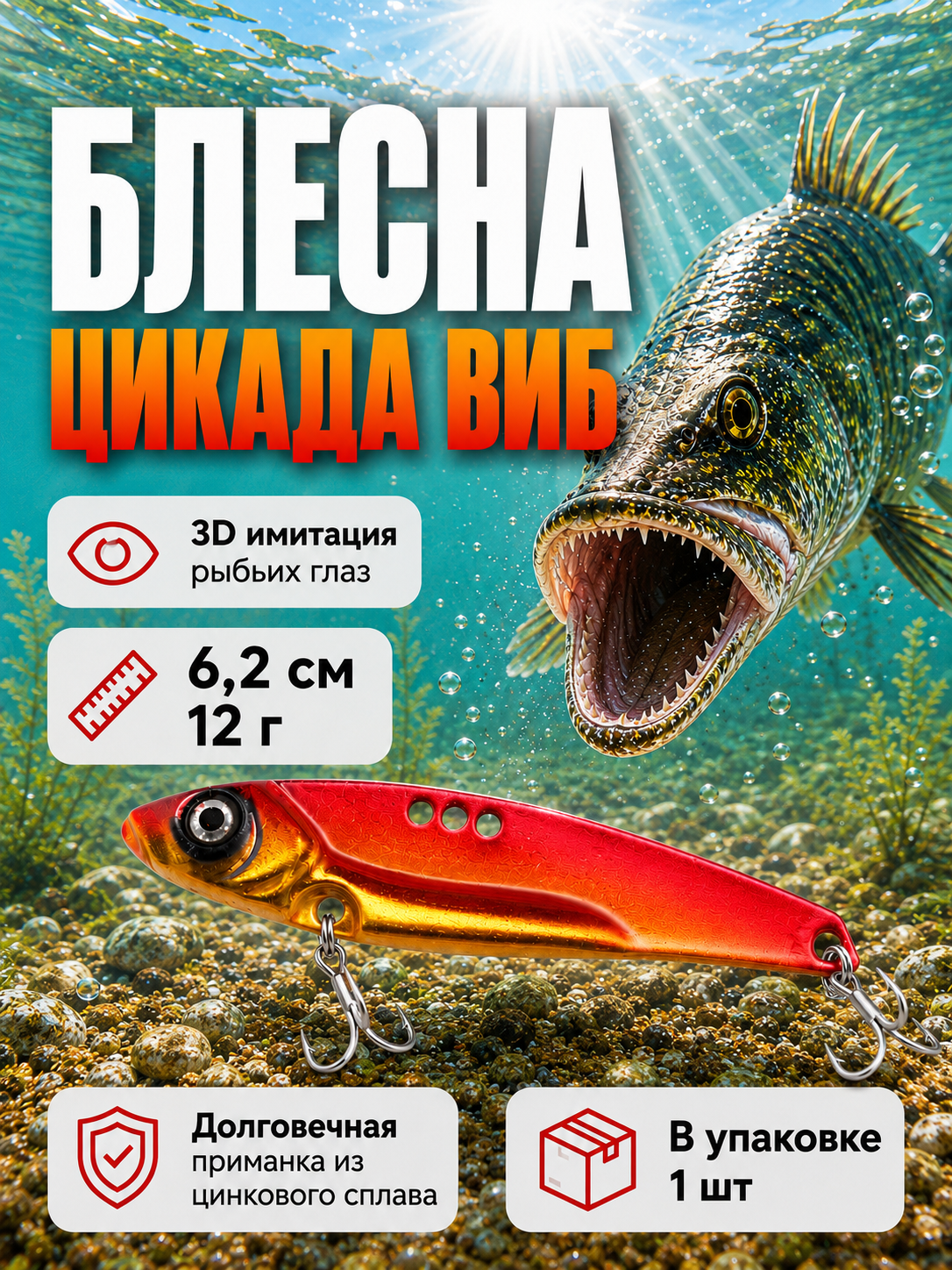 Рыболовная металлическая вибрационная виб-приманка VIB, блесна цикада, тонущая для дальнего заброса, для морской и пресноводной рыбалки 6,2 см/12 г, золотисто-красная