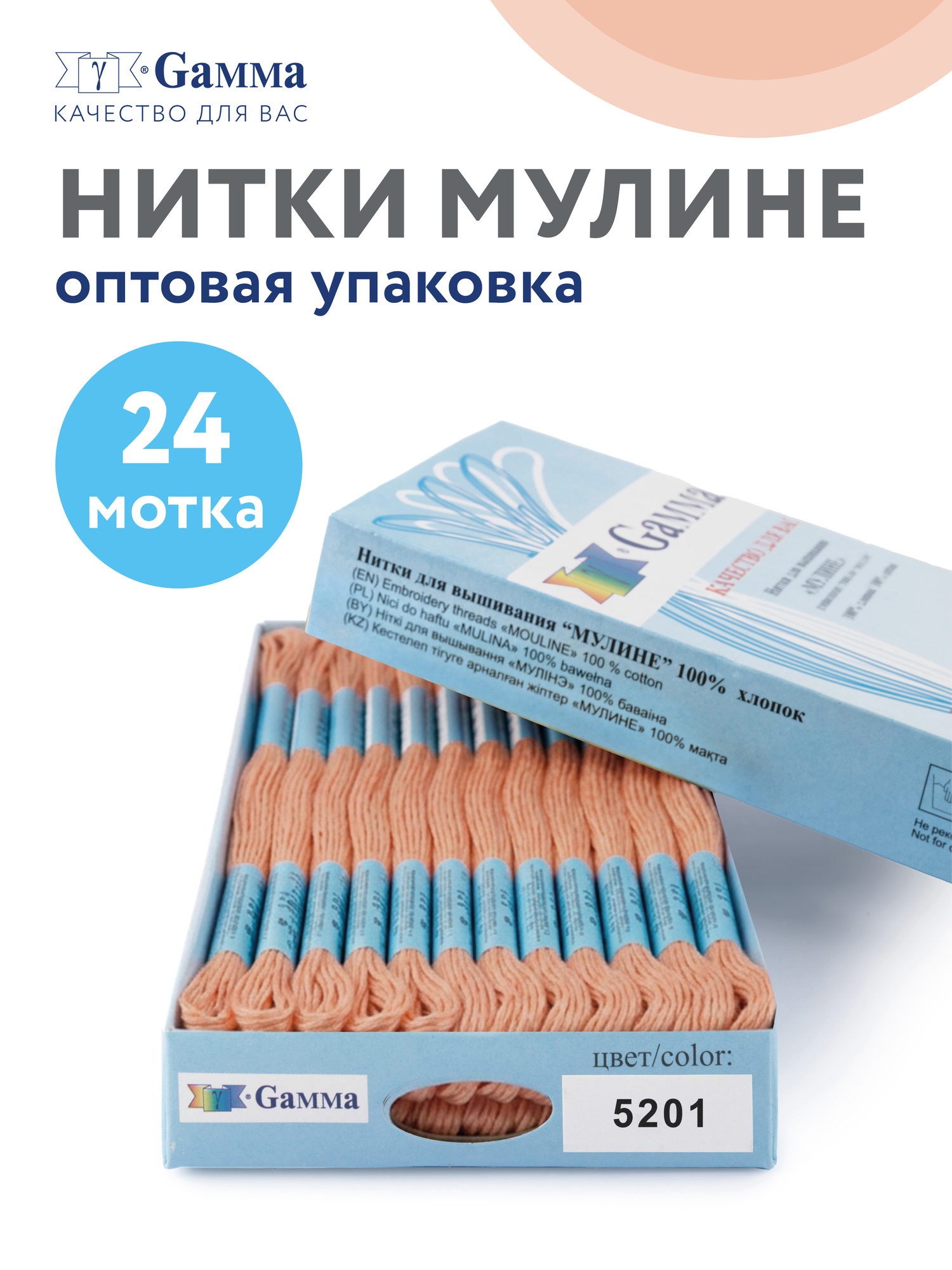 Набор ниток мулине Гамма 24 шт 8 м оптом для вышивания №5201 бежевый