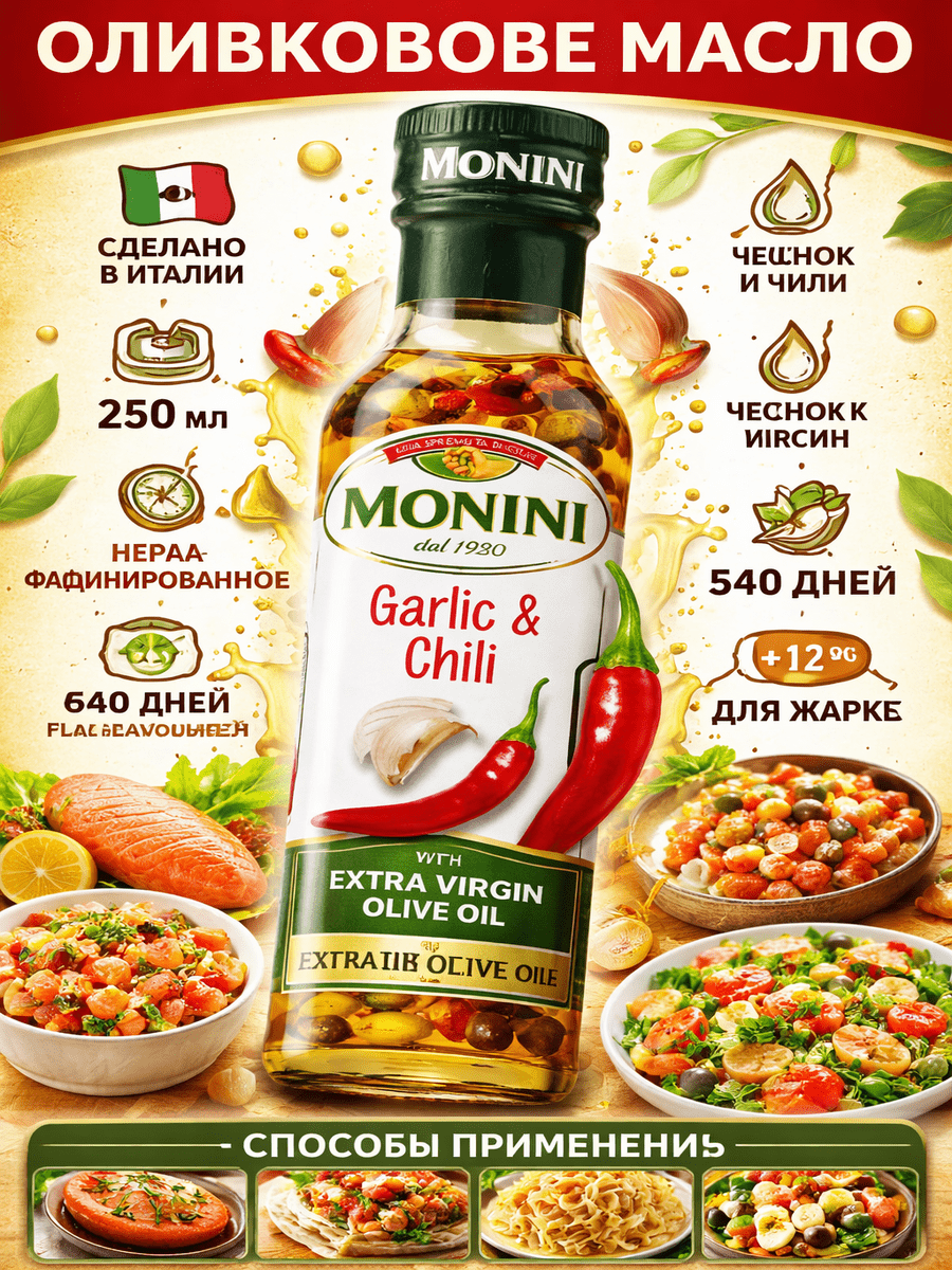 Масло оливковое Monini с чесноком и перцем чили Extra Virgin нерафинированное, 250мл