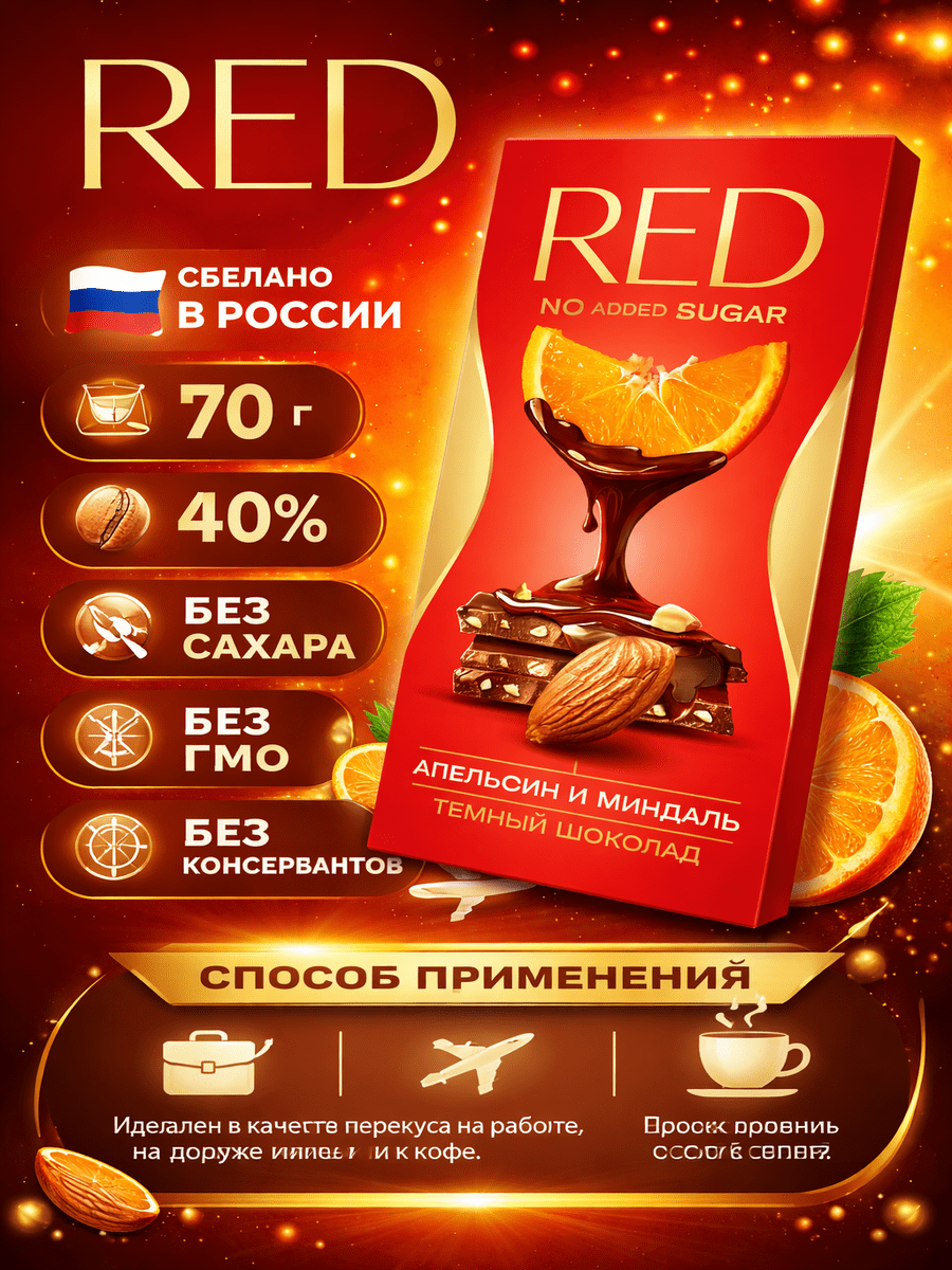 Шоколад Red Delight темный с апельсином и миндалем без сахара, 70г