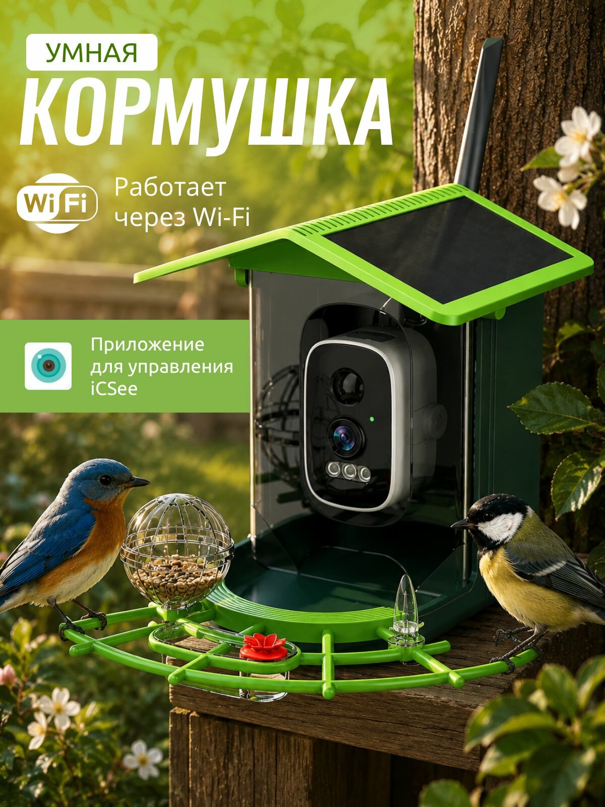 Умная Wi-Fi кормушка для птиц с камерой на солнечной батарее с разрешением 2304х1296 HD, скворечник для птиц с ночным видением, дистанционное наблюдение с мобильного телефона