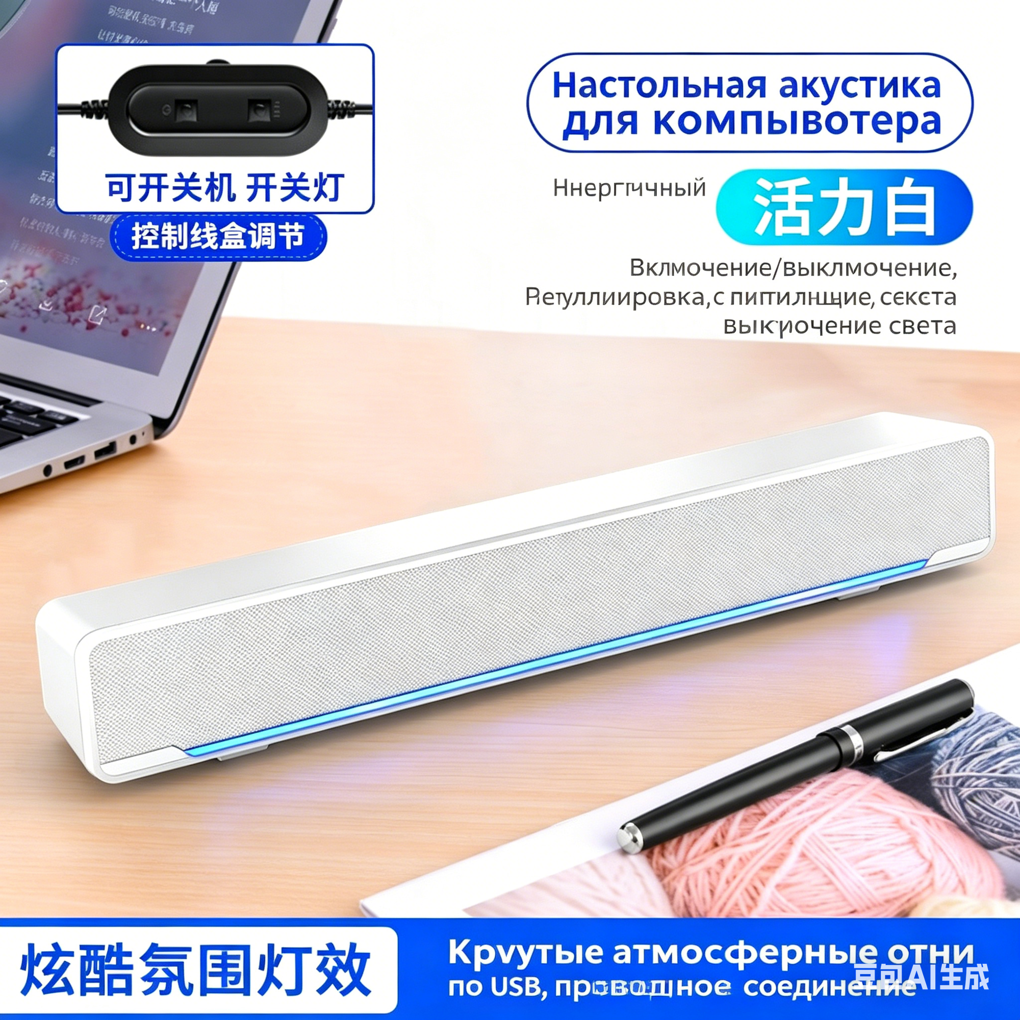 Саундбар для компьютера с RGB подсветкой, игровые колонки для ПК и ноутбука USB, стерео звук Hi-Fi, под монитор