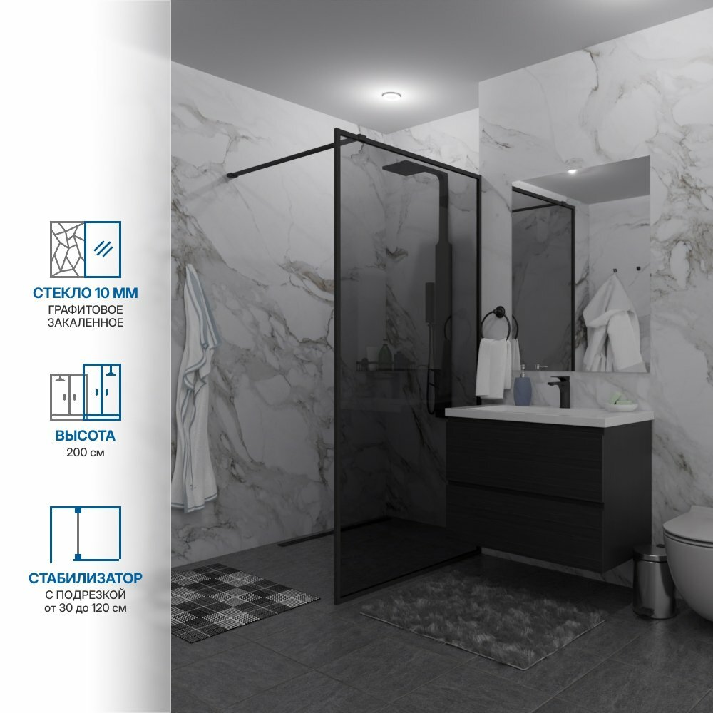 Душевая перегородка SHOWER GLASS GK-24-10мм 50x200 см, цвет фурнитуры черный матовый, цвет стекла графитовый, стекло закаленное 10 мм