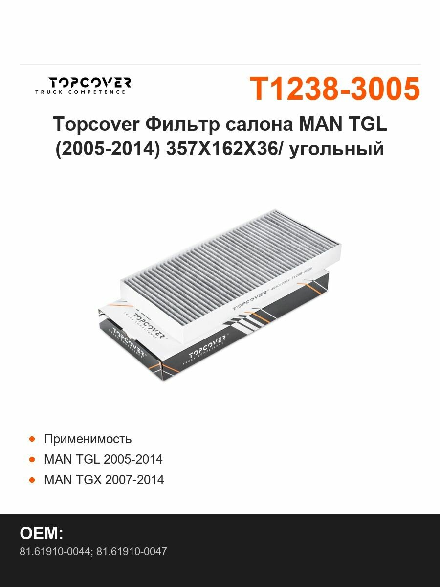 Topcover Фильтр салона MAN TGL (2005-2014) 357X162X36/ угольный