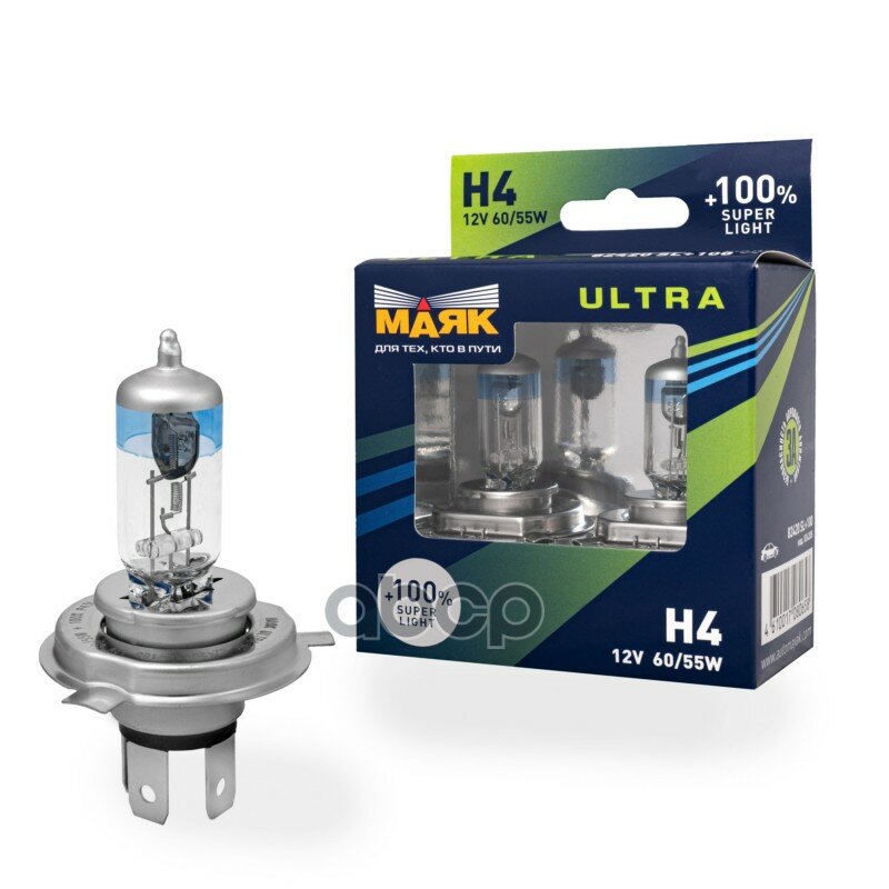 Лампа 12V H4 60/55W +100% P43t Маяк Ультра Super Light 1 шт. картон 82420SL+100new Маяк арт. 82420SL+100