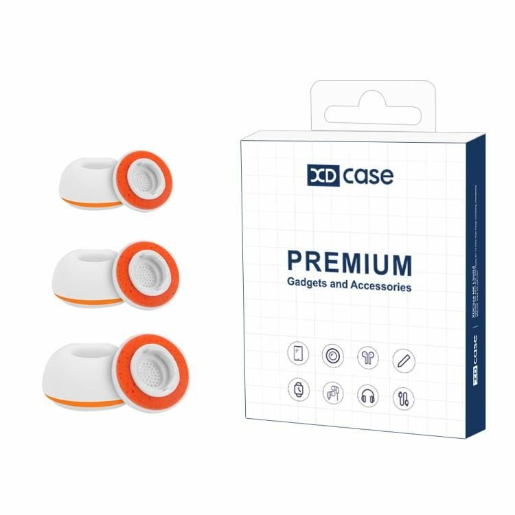 Для Samsung Galaxy Buds3 Pro XDcase: 3 пары запасных силиконовых насадок с губчатой вставкой, размеры S/M/L (бело-оранжевые)