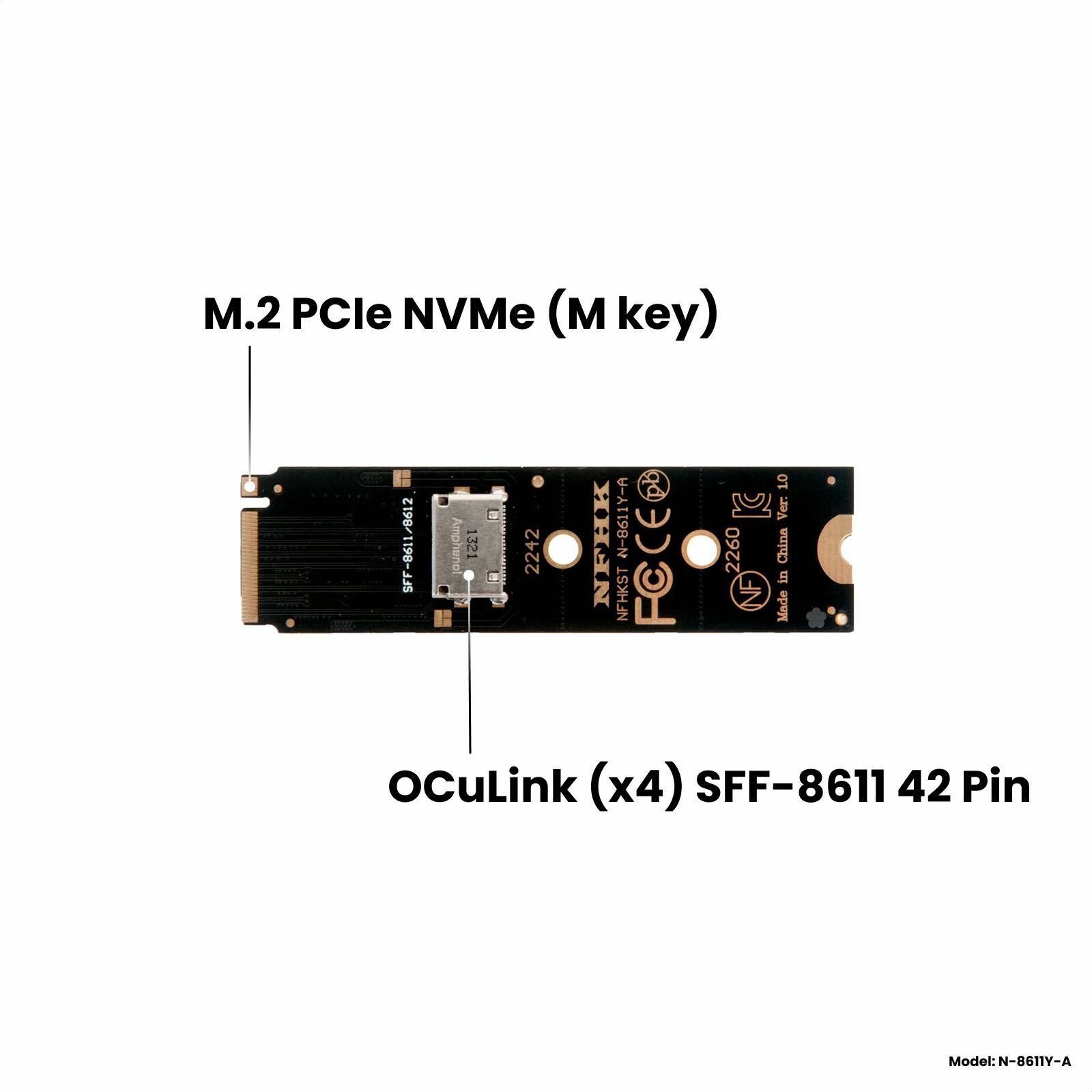 Адаптер-переходник для OCuLink (x4) SFF-8611 42 Pin в разъем M.2 2280 PCI-E x4 (M key), черный, NFHK N-8611Y-A