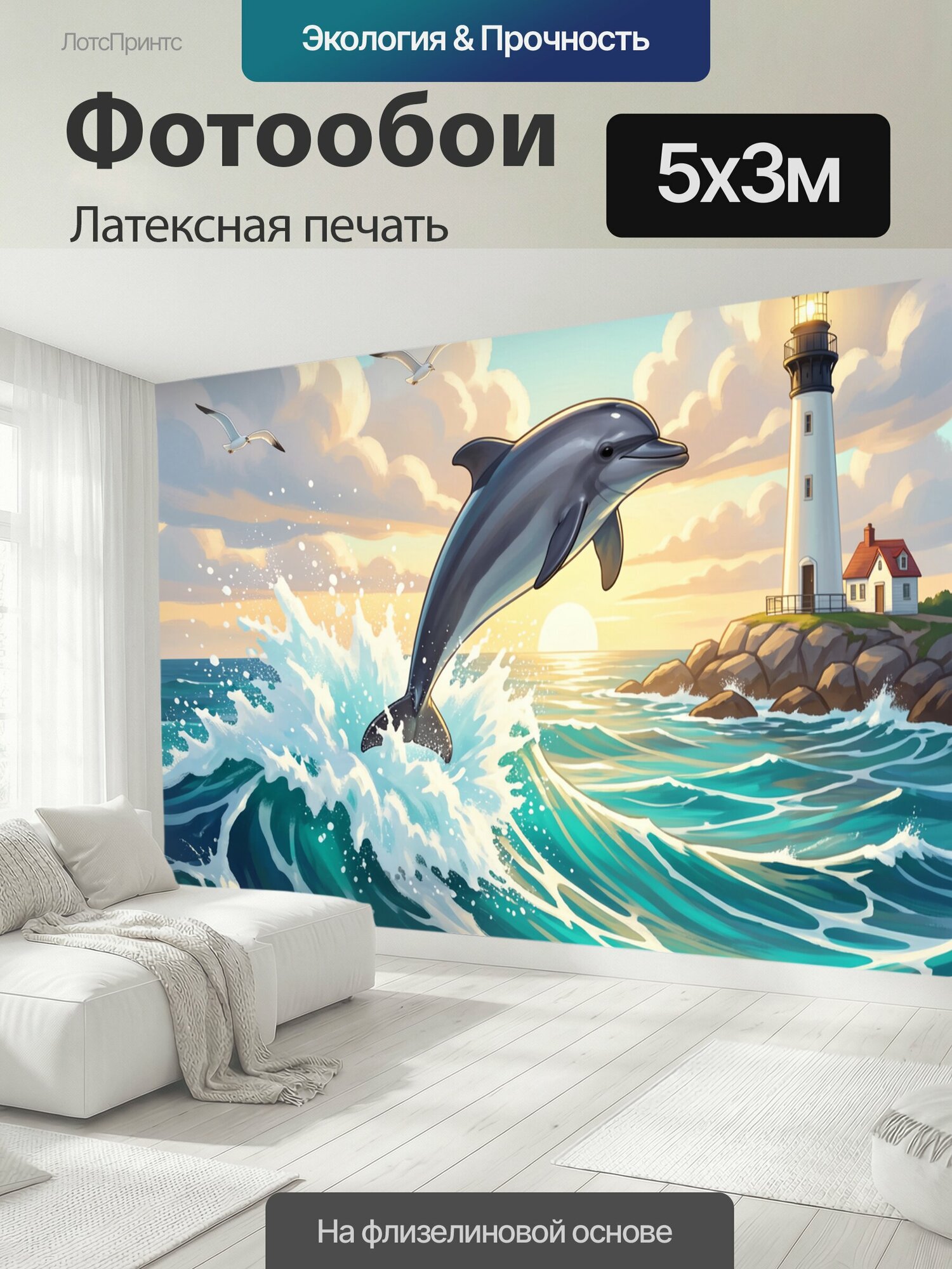 Фотообои моющиеся ударопрочные "Дельфин у маяка на закате. Морская иллюстрация с прыгающим дельфином, высокими волнами, чайками и светящимся." 500x300 см. латексная печать