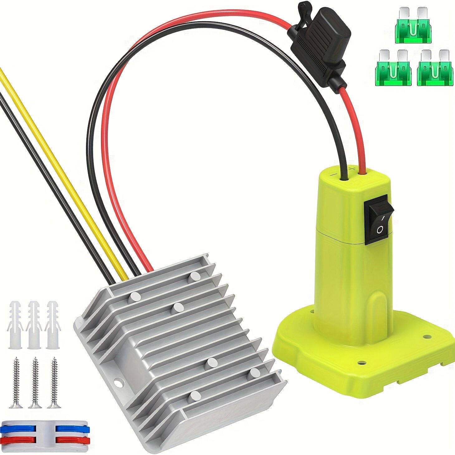 Понижающий преобразователь напряжения 18V→12V 15A 180W с выключателем, предохранителем 30A и клеммами, совместимый с адаптерами для аккумуляторов 18V