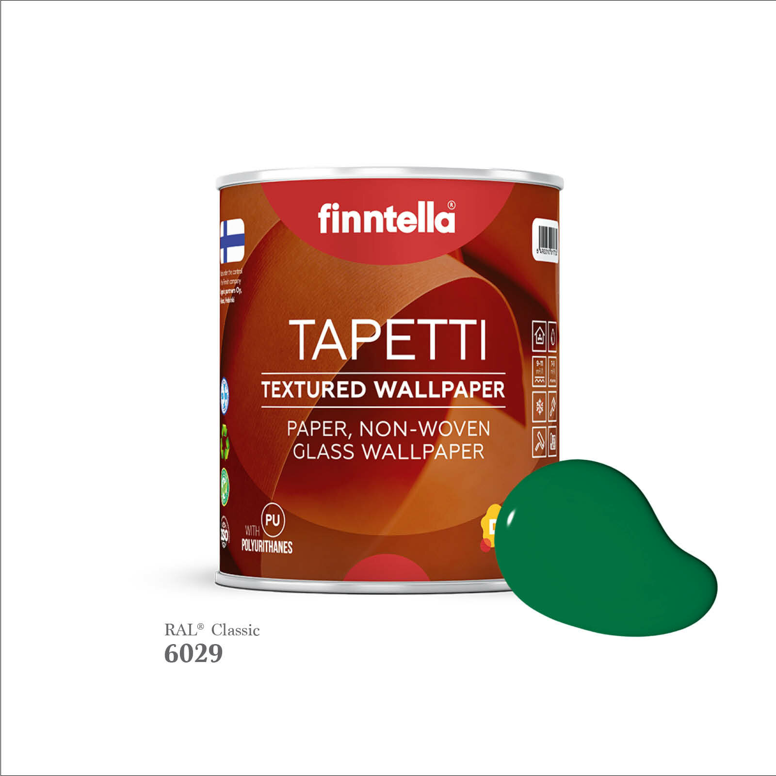 Шелковисто-матовая краска для обоев под окраску TAPETTI SILKKI Matta FINNTELLA, Цвет RAL 6029 Мятно-зеленый (Mint green), 0,9л