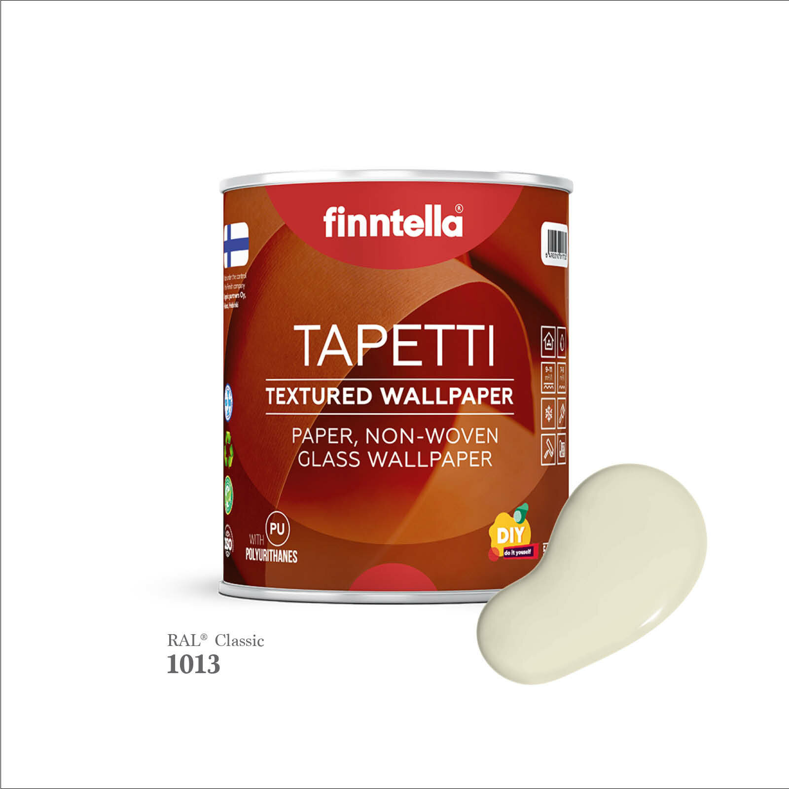 Шелковисто-матовая краска для обоев под окраску TAPETTI SILKKI Matta FINNTELLA, Цвет RAL 1013 Жемчужно-белый (Oyster white), 0,9л