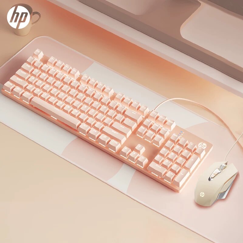 HP Механическая клавиатура и мышь с синей переключателем, цвет молочный чай белый свет, для игр и офиса, совместимо с