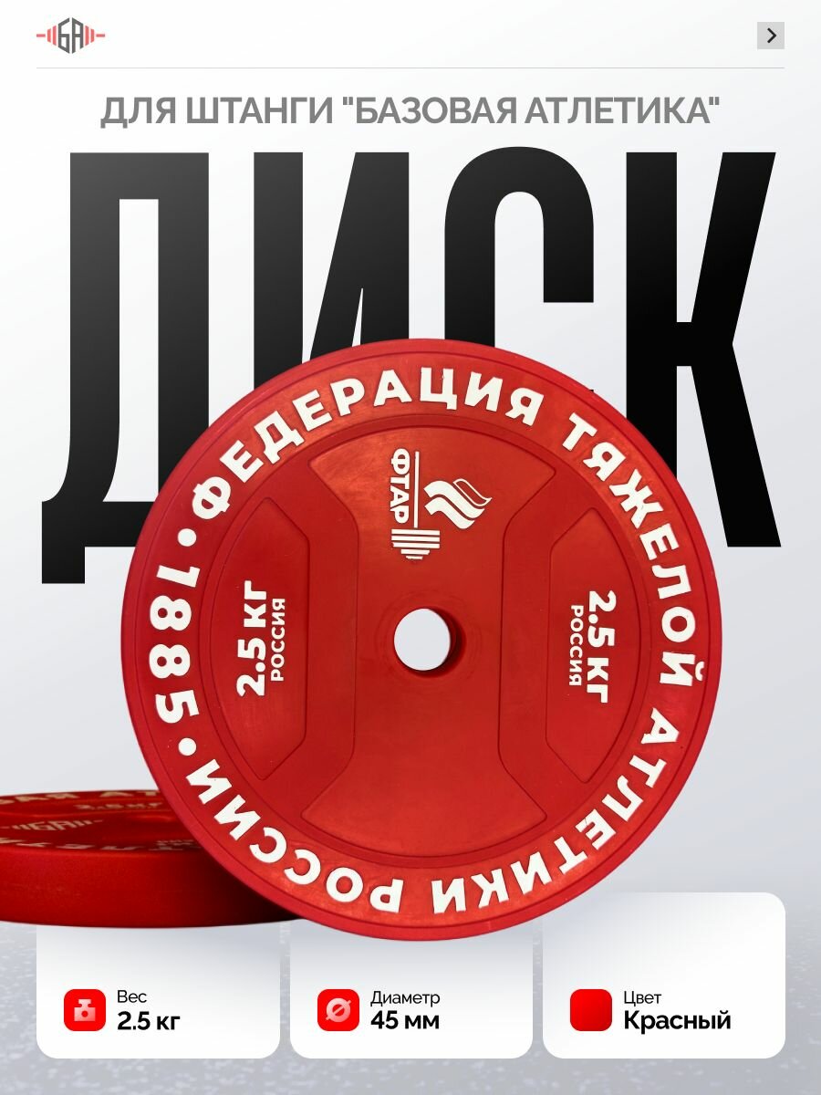 Пластиковый диск для штанги красного цвета 2,5 кг, d - 45, Базовая Атлетика