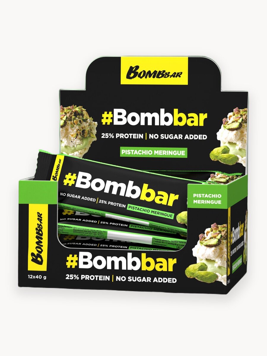 Протеиновые батончики Bombbar в шоколаде без сахара "Фисташковая меренга", 12шт х 40г