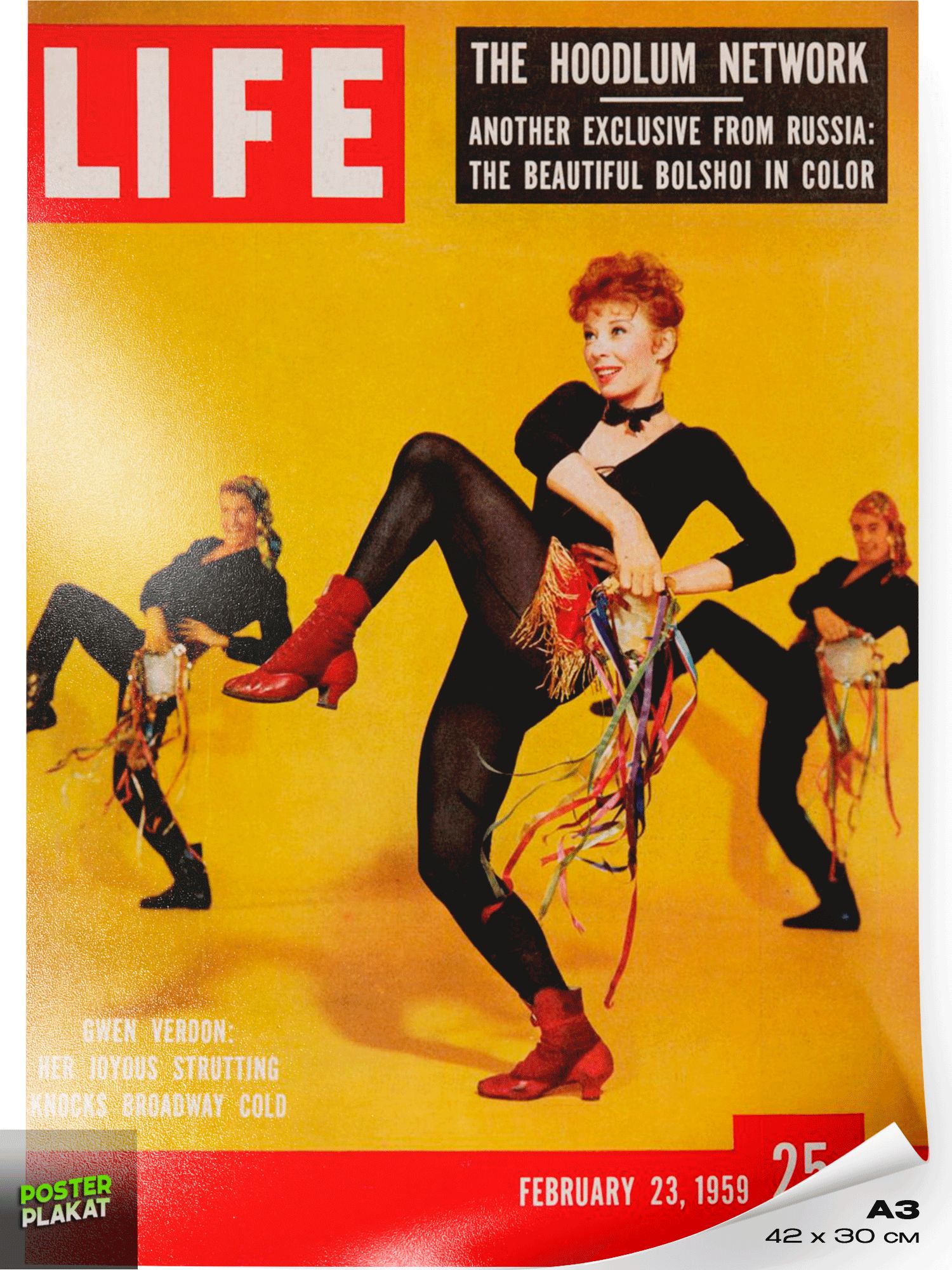 Постер Гвен Вердон (Gwen Verdon) в сценическом образе, обложка журнала LIFE, винтажный плакат на стену для интерьера, для дома и офиса, А3 (420х297 мм), ПП