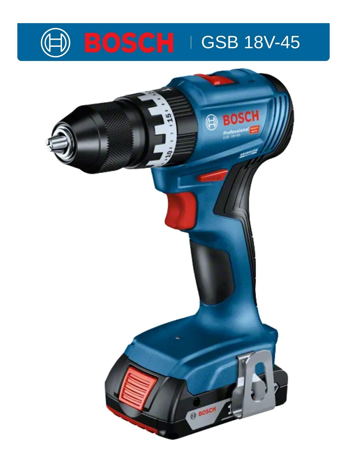 Аккумуляторный ударный шуруповерт Bosch GSB 18V-45 Professional, 1 акк х 2,0 Ач, бесщеточный мотор, 45 Нм, 1900 об/мин, арт. 0615A5007M