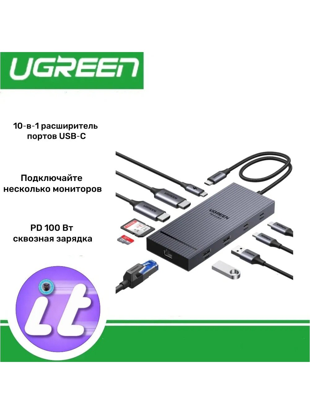 Док-станция UGREEN Revodok Pro 10-в-1 USB-C с HDMI и Ethernet, черно-серая