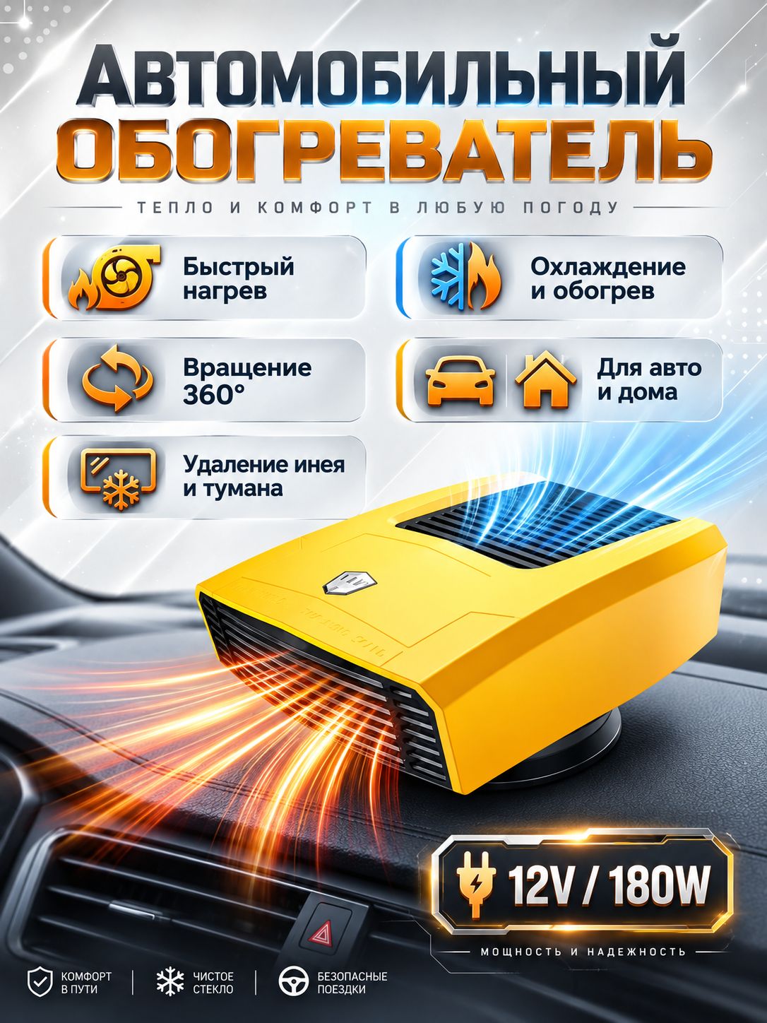 Тепловентилятор автомобильный 12V (обогреватель салона и лобового стекла для авто, вентилятор)