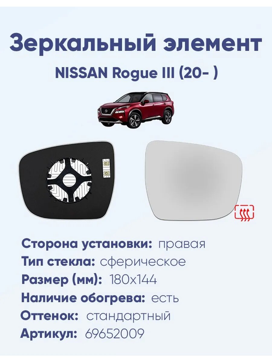 Зеркальный элемент правый NISSAN Rogue III (20- ) сфера нейтральный с обогревом