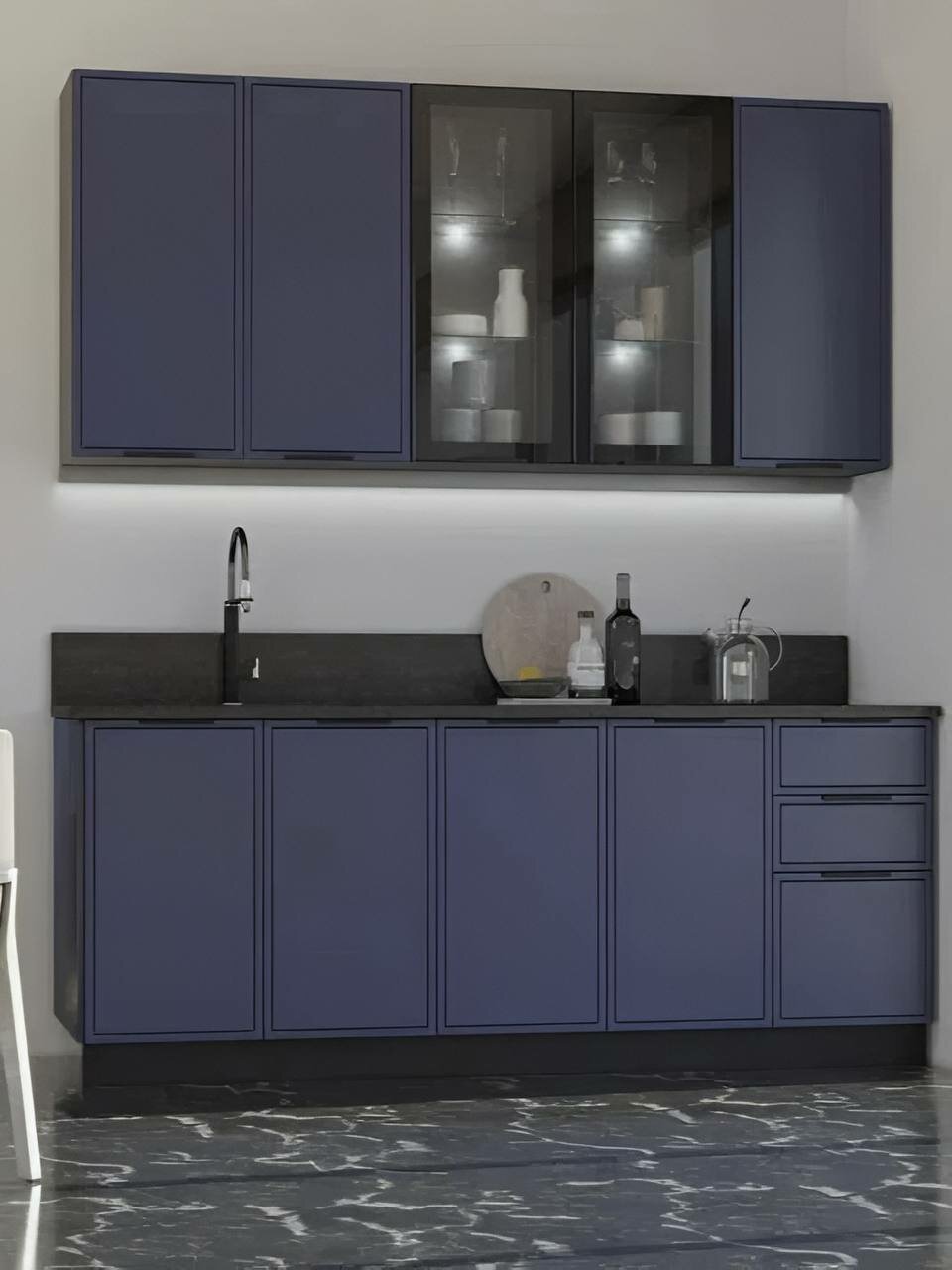 Кухонный гарнитур Николь 2м/900 холст сапфировый/корпус графит со столешницей миф