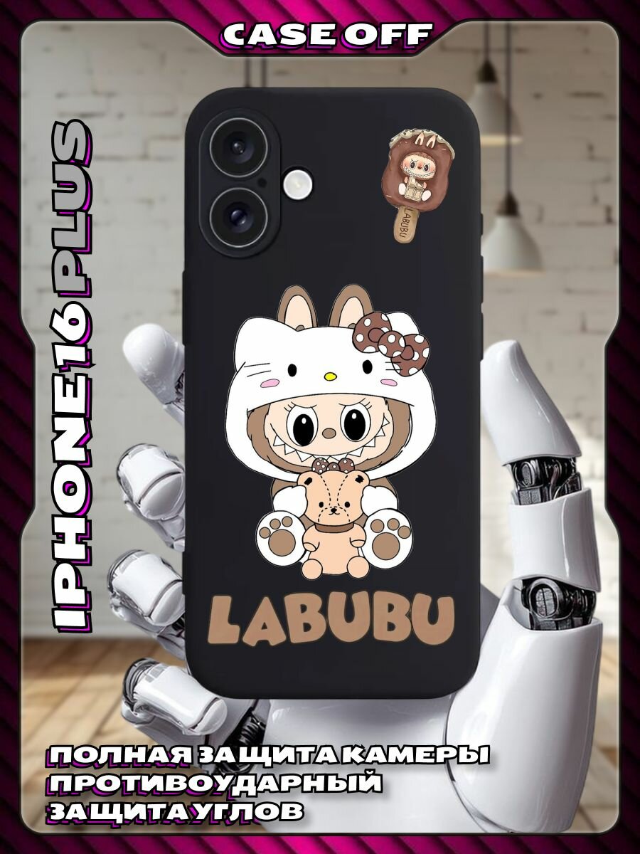 Чехол ZiART (Labubu 5 / Лабубу 5) на iPhone 16 Plus силиконовый, с защитой камеры, черный