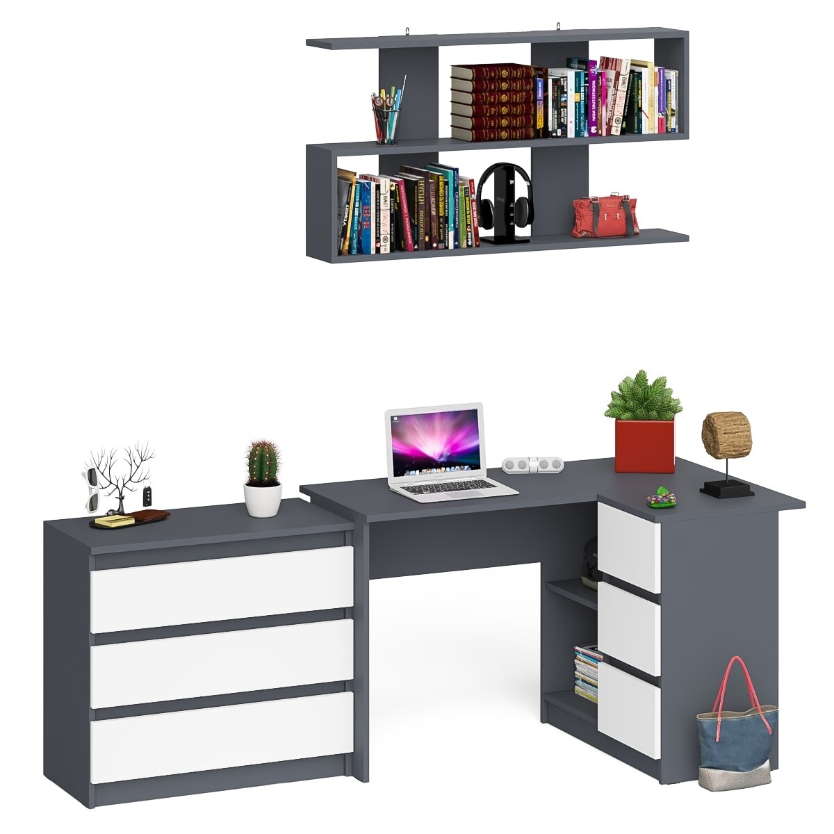 Стол компьютерный Мори МС-16 правый с навесной полкой и комодом МК800.1, графит/белый, 204,8х84,9х209,6 см.