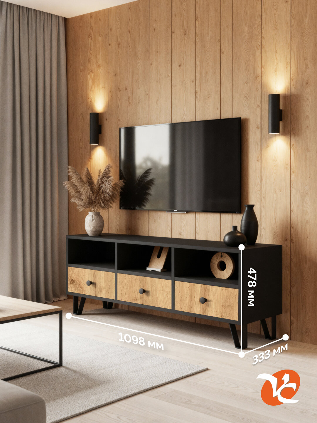 Тумба под телевизор напольная 110 см, ЛДСП, на ножках, черный/дуб вотан