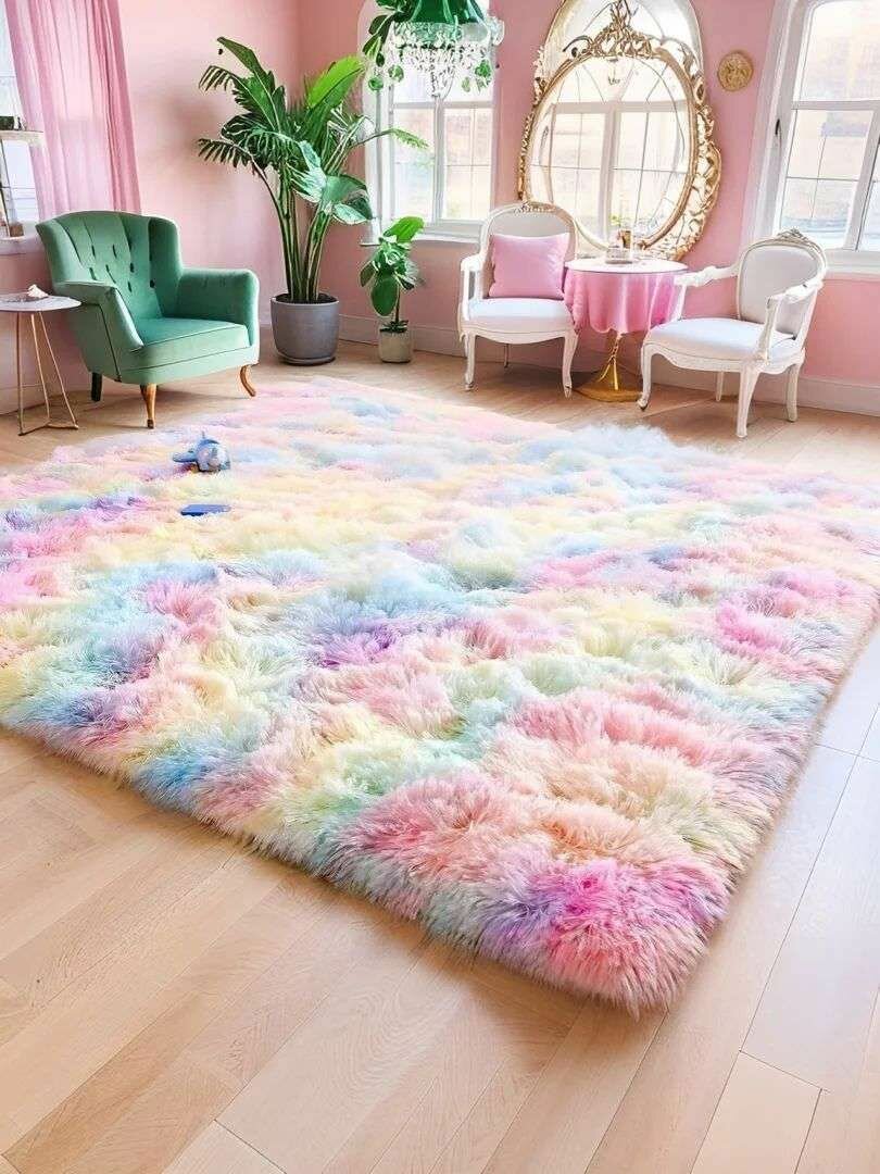 Плюшевый ковер градиент серый 180х200 см для гостиной, спальни, детской комнаты, нескользящий, пушистый11