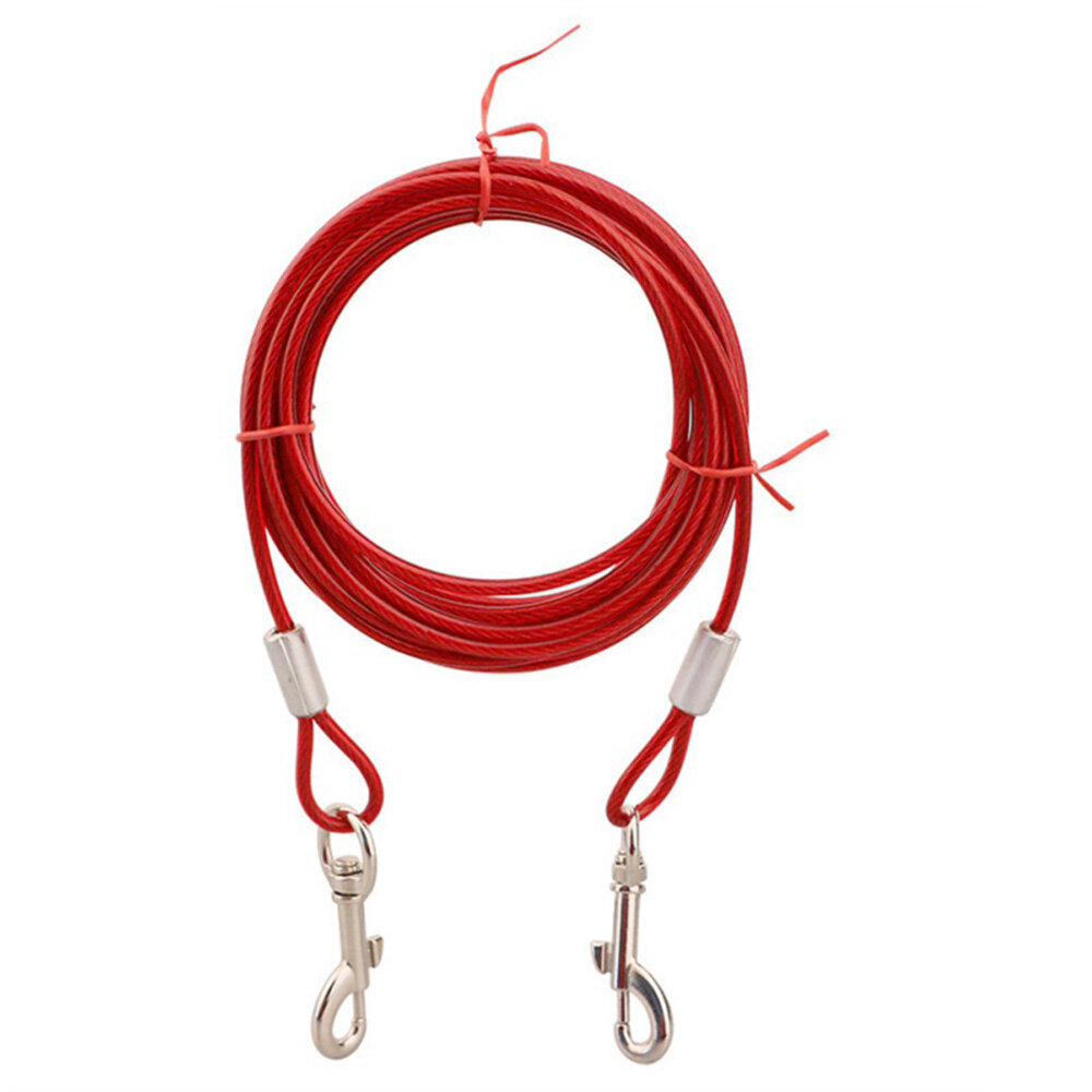 Трос для выгула собак с металлическими крюками для улицы двор кемпинг антиржавый 5м/16ft, вес 252г, длина 5м, диаметр стального провода 5мм, материалы ПВХ стальной провод, цвета голубой красный белый, упаковка пластиковая 14*14*5см, 1шт