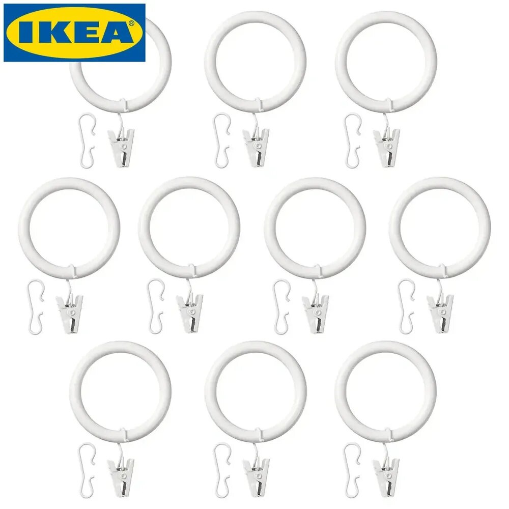 Кольца 10 шт. с зажимом и крючком IKEA SYRLIG сирлиг, 38 мм,10,3.8, белый,3.8