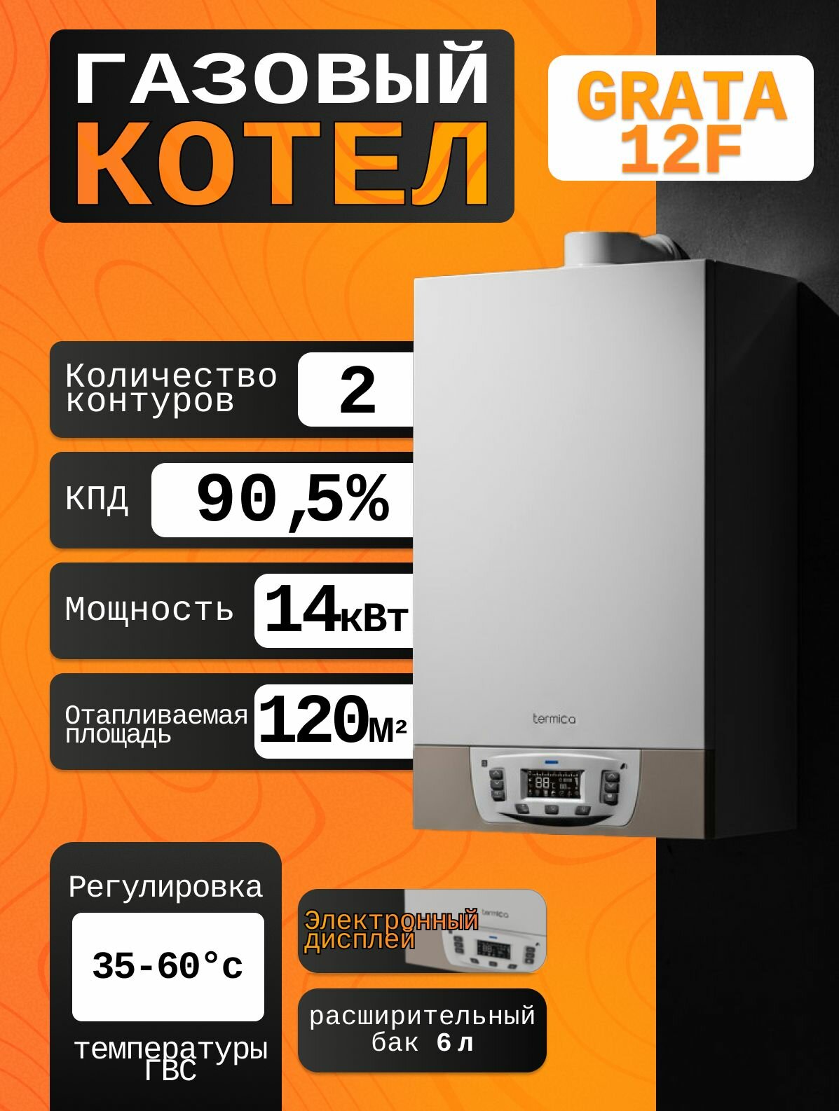 Двухконтурный Termica GRATA 12 F (12квт) турбированный настенный газовый котел