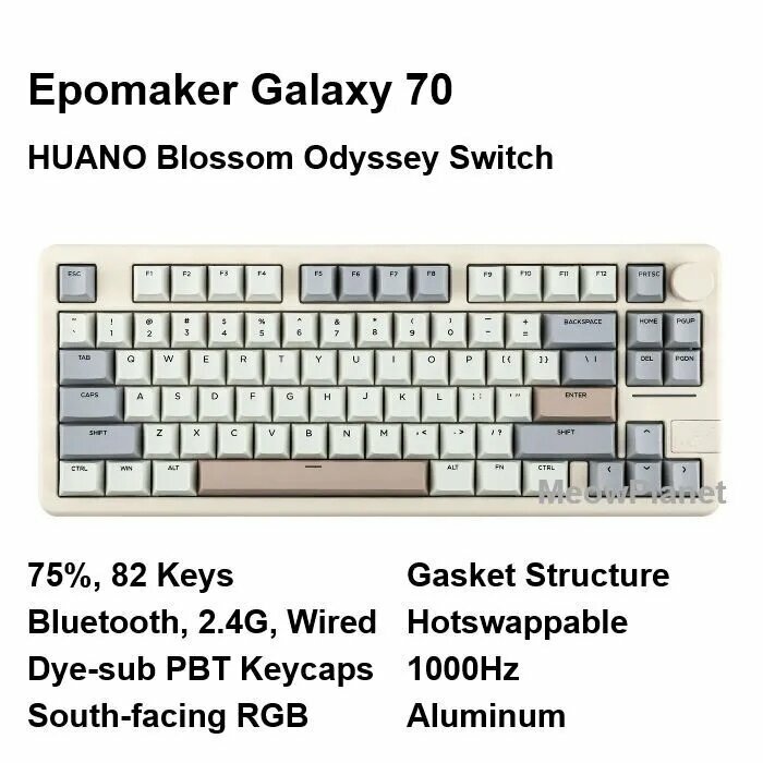 EPOMAKER Игровая клавиатура беспроводная Galaxy70, Blossom Odyssey Switch, Английская раскладка, светло-серый
