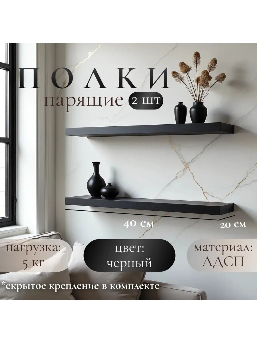 Полка настенная навесная черная 40*20 2шт