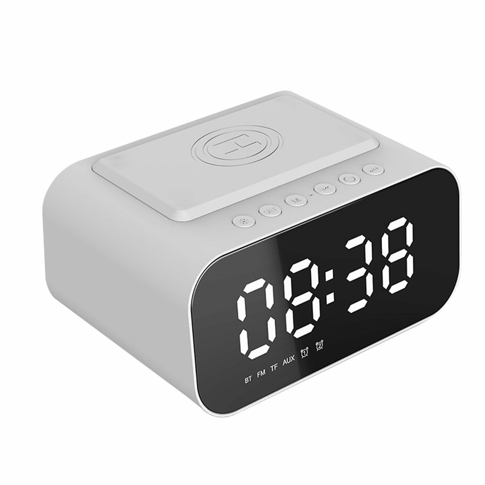Часы с цифровым дисплеем, беспроводным динамиком BT5.0, будильником, FM-радио, MP3-плеером, беспроводным зарядным устройством, входом AUX, громкой связью с микрофоном, поддержкой TF-карты