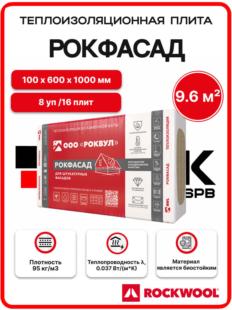 ROCKWOOL рокфасад 100 мм ( 8 уп. / 9,6 м2 / 16 плит) минеральная вата, утеплитель для стен, фасадов, балконов
