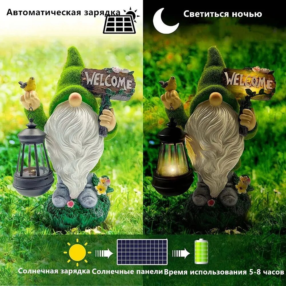 Фигурка садовая "Гном с указателем" с подсветкой на солнечной батарее, зеленая, белая, серая, 25x13x33 см — фото 1