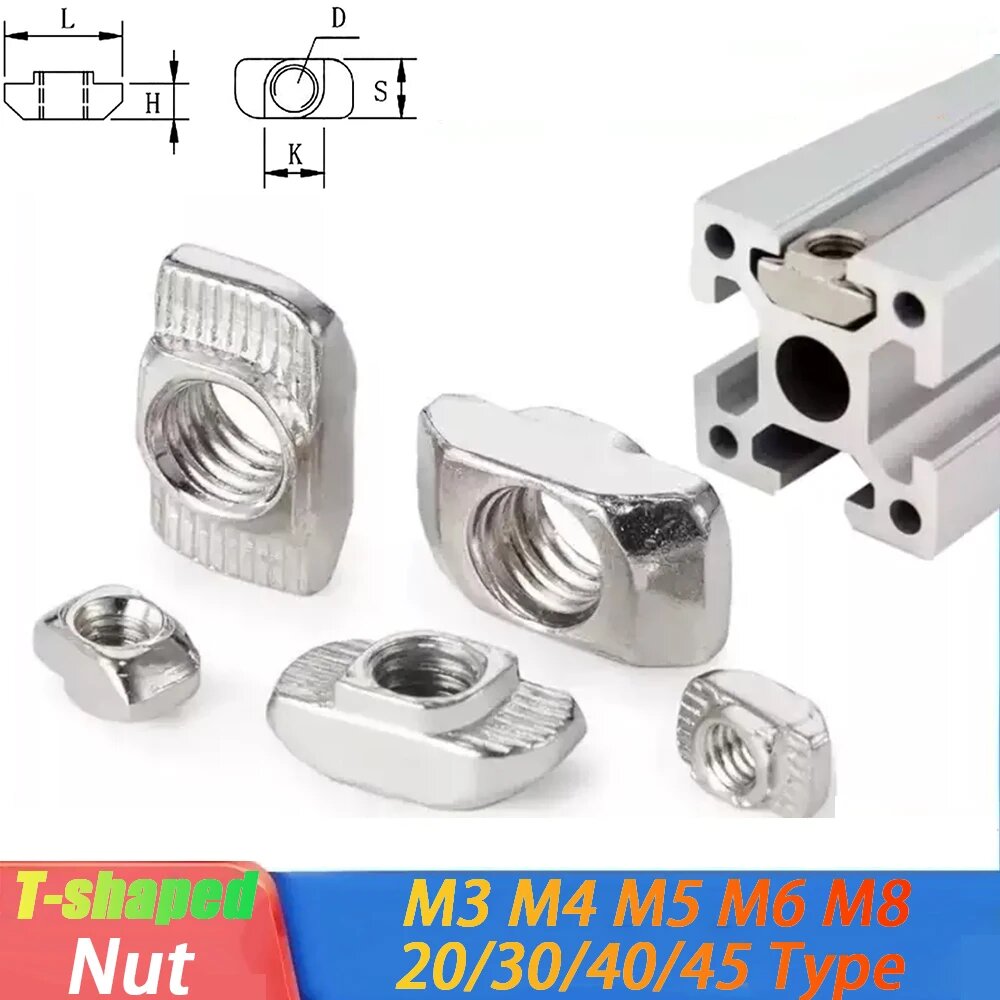 Никелированные T-образные гайки M3/M4/M5/M6/M8 для алюминиевых профилей 4545-M5x19.5x10, 100Pcs