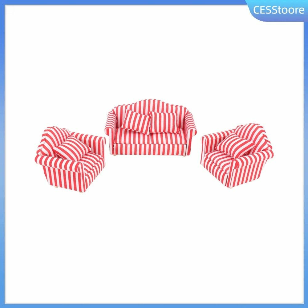 Набор из 3 миниатюрных диванов 1:12 для кукольного домика, сосна, ткань, красный