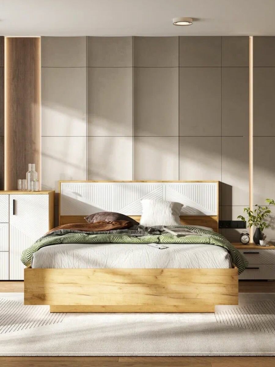 Кровать двуспальная парящая Сильвия 1,6 МДФ 1708х100х2101 Дуб крафт/Браш Вайт, с металлическим ортопедическим основанием, МИФ