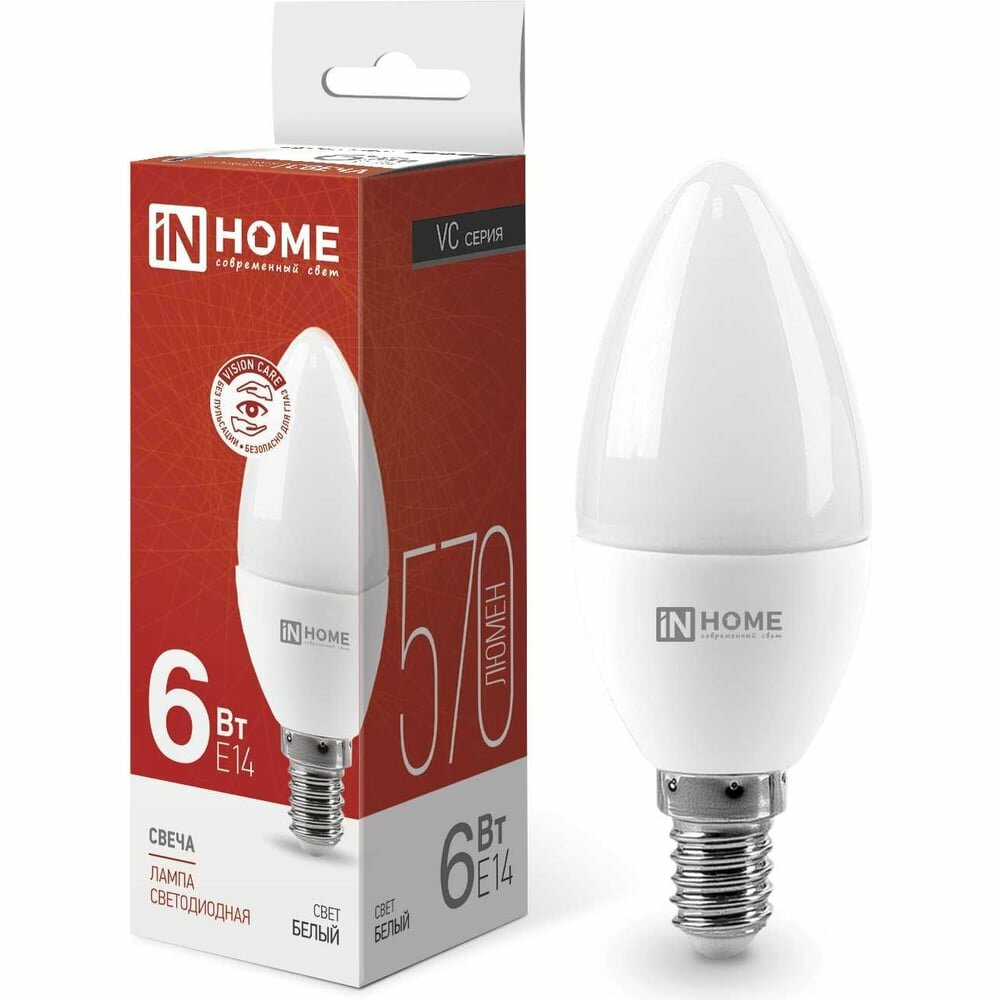 Светодиодная лампа IN HOME Led-свеча-vc 6Вт 230В Е14 4000К 570Лм 4690612020396