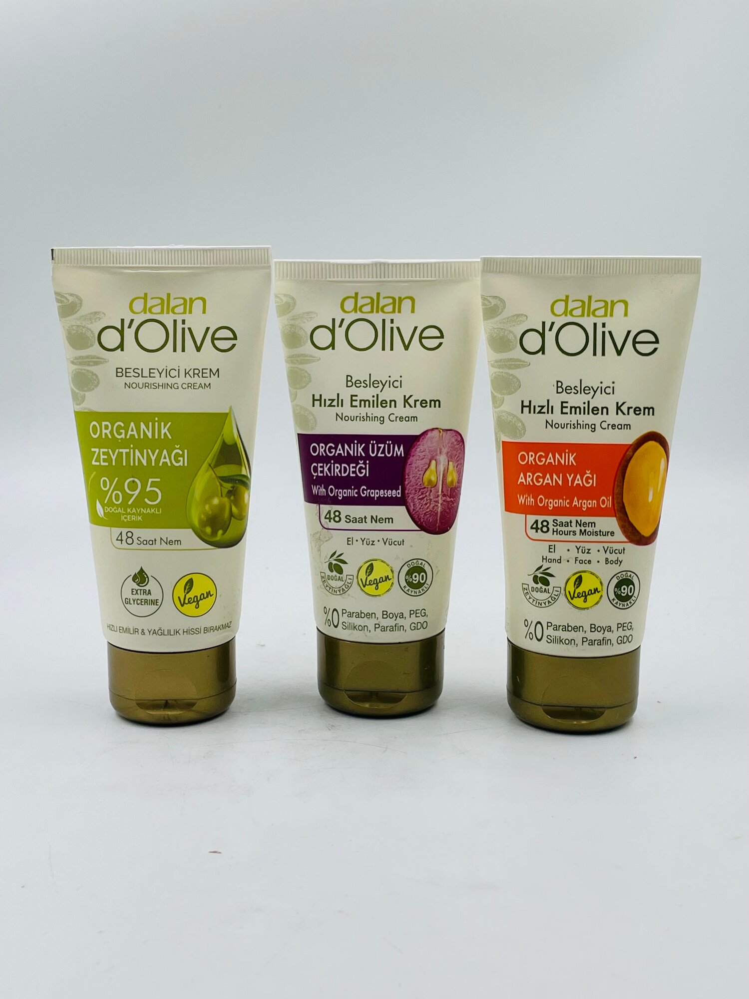 Набор Кремов Dalan Dolive 3 вида по 60 мл: с оливковым, аргановым и косточек винограда маслами, Турция