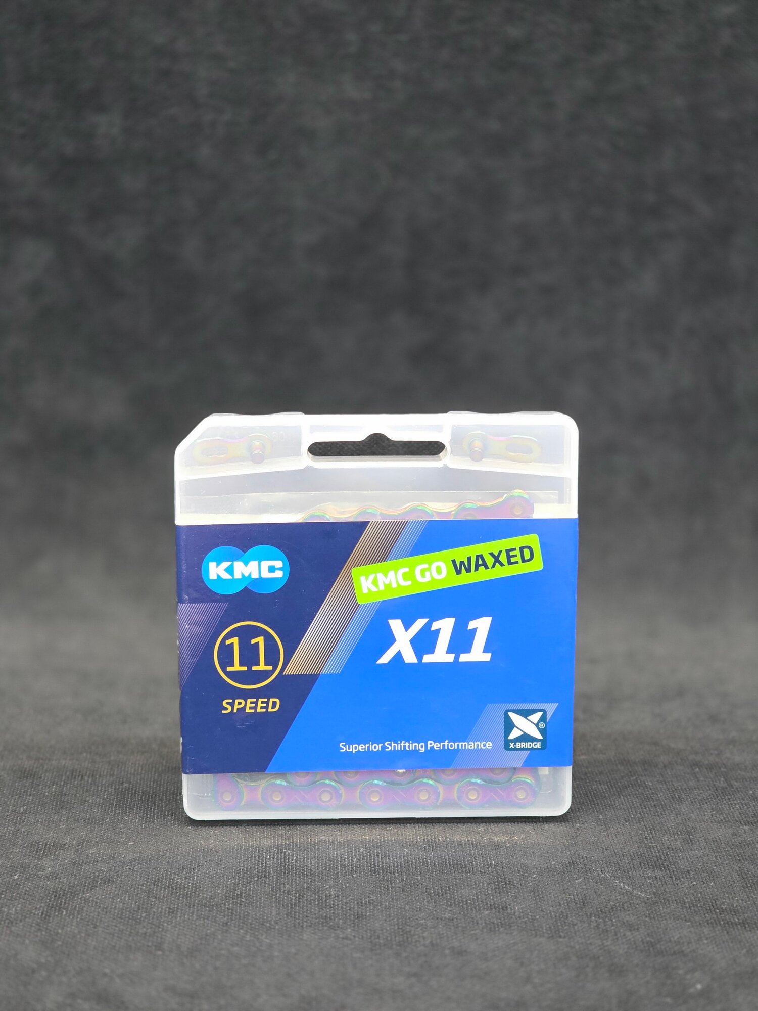 Цепь велосипедная KMC X11 Aurora Blue Waxed, с парафиновой смазкой, 11 скоростей, 118 звеньев, с замочком MissingLink 11R/CL555R в комплекте
