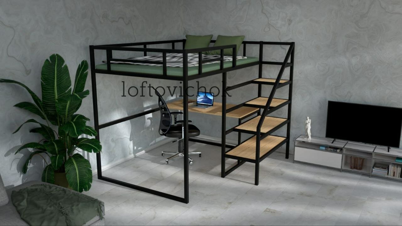 Кровать -чердак с столом "Verona" 160*200*200 металлическая , черная , лофт