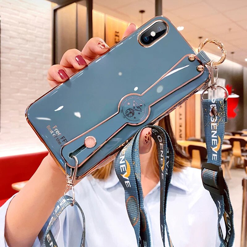 Силиконовый чехол для iPhone XS Max с ремешком и защитой от падений - Светло-серый