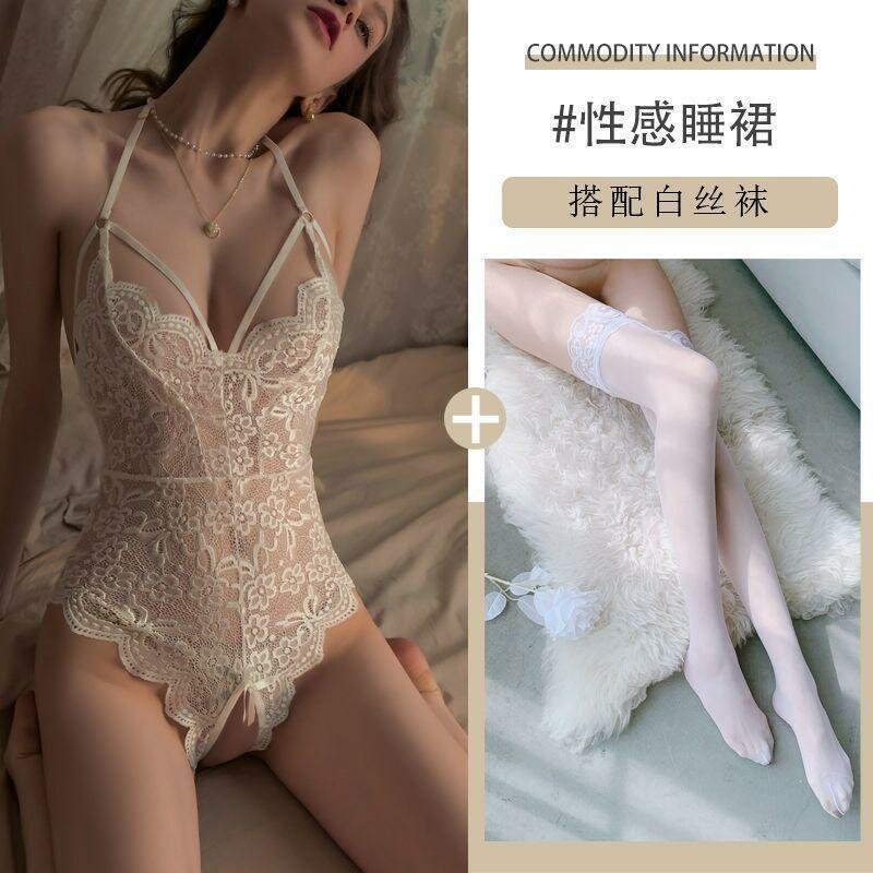 Сексуальное нижнее белье, соблазнительная ночная рубашка, больших размеров, не требует снятия, страстный кружевной боди. Белый боди с белыми отрывными чулками.