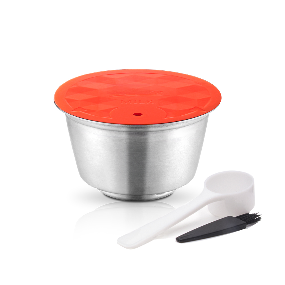 Переиспользуемая капсула для молока из нержавеющей стали, дозатор для пены из молока, совместимый с Dolce Gusto, цвет серебристый, размер 53*37мм, упаковка 6.2*6.2*11.5см, вес 56г, в комплект входят 1 капсула, 1 щетка, 1 ложка