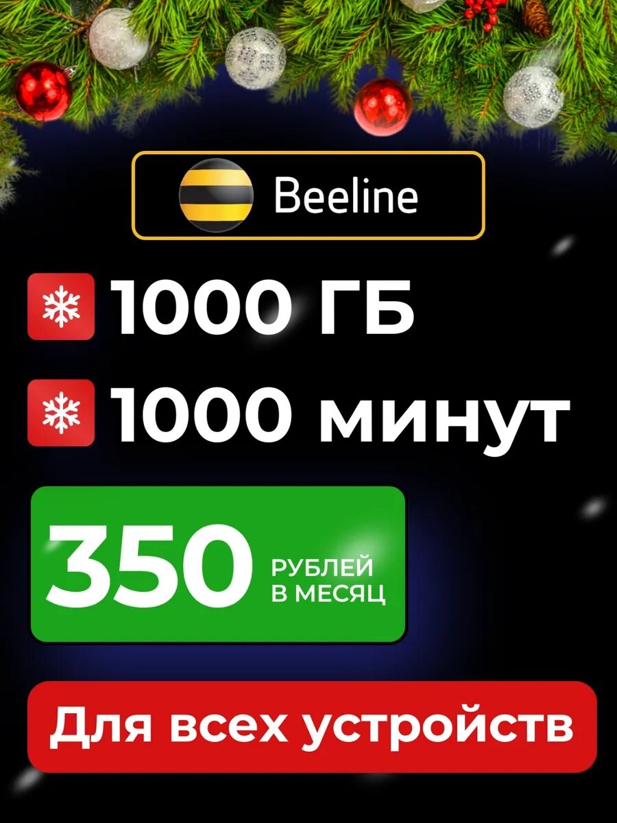 Сим-карта Билайн, для телефона и модема, абонентская плата 350 руб/мес, 1000 минут, 1000 Гб