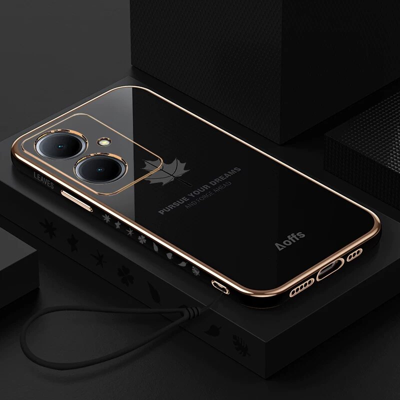 Чехол для Vivo Y78 с боковым дизайном листа клена, полная защита от падений, силиконовый чехол, классический черный