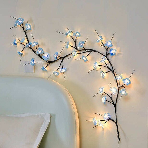 Светодиодный светильник из ротанга с голубой розой, 1,6 метра, 36 лампочек, USB, дистанционное управление, романтический атмосферный светильник для украшения стен в помещении